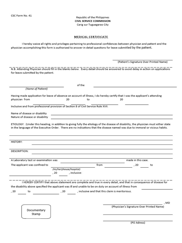 CSC Form 41 Medical Certificate FOR LEAVE | PDF | Physician | Public ...