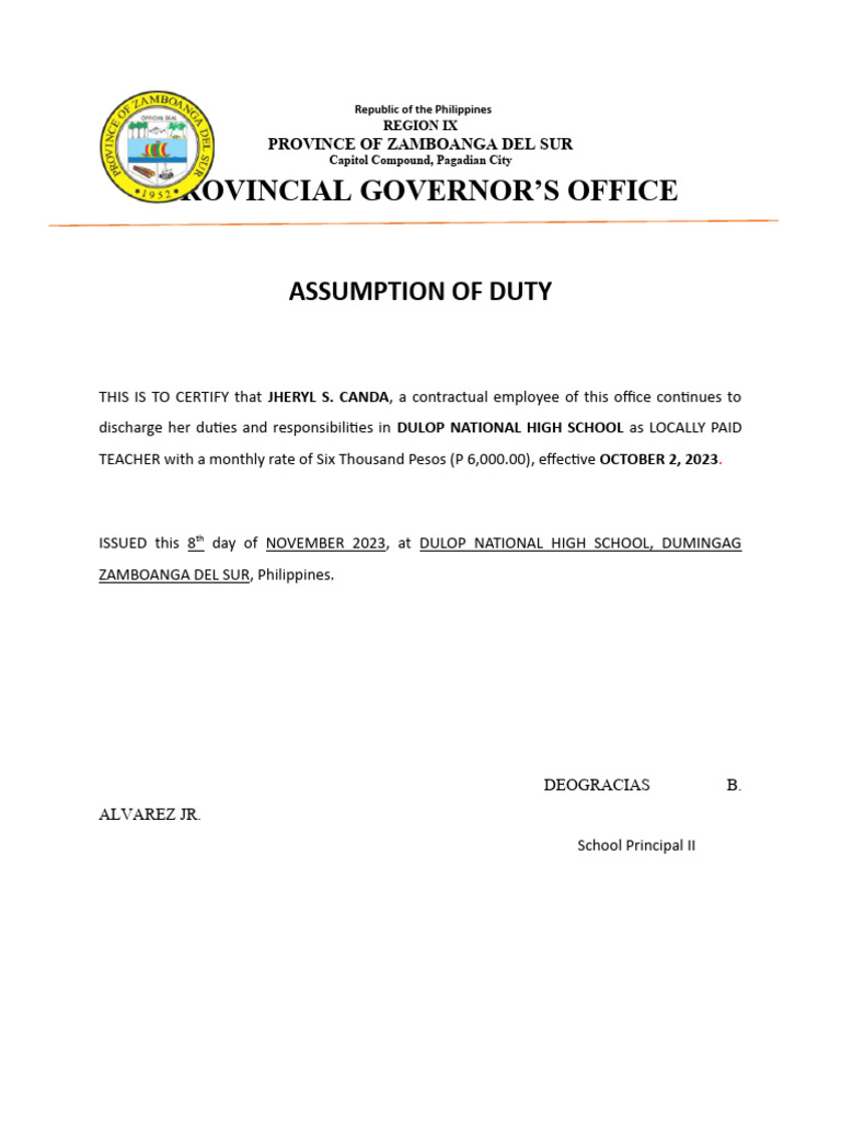 Assumption of Duty 1 | PDF