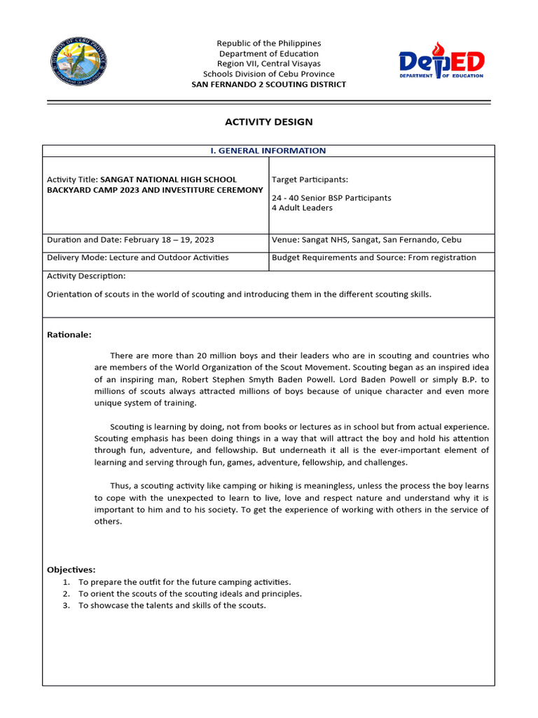 Activity-Design-Matrix | PDF | Scouting | Outdoor Recreation Organizations