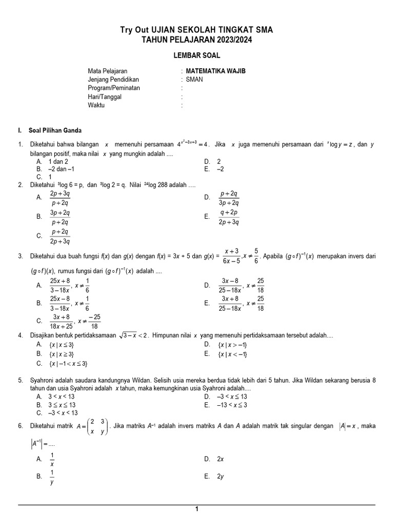 Soal Us Matematika Wajib Sma Kelas 12 (Try Out) | PDF