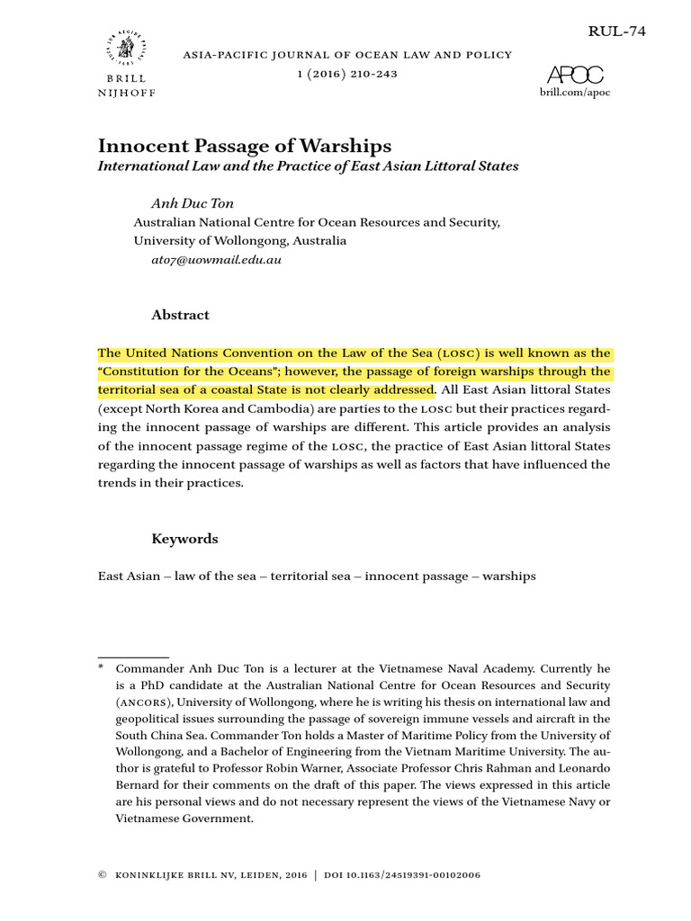 Innocent Passage of Warships | PDF | International Law | United Nations ...