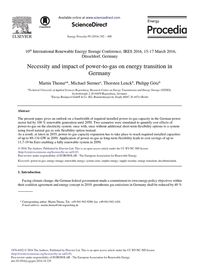Necessity and Impact of Power To Gas On Energy Transition in Germany ...