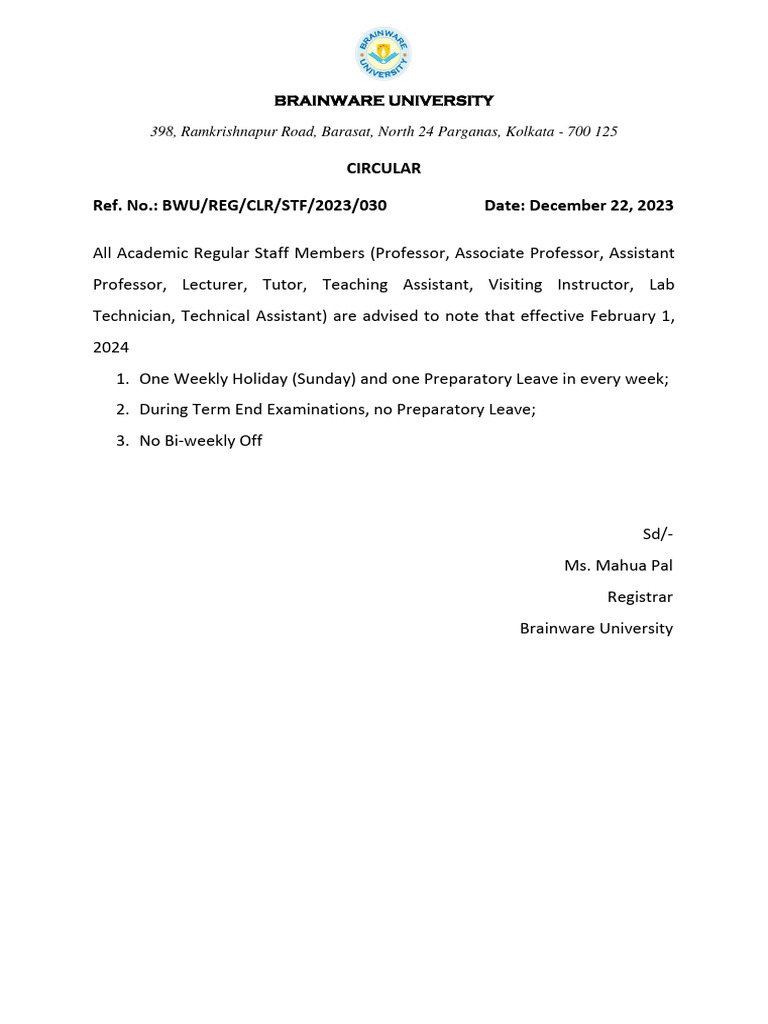 Staff Circular 2023 - 12 - 22 - 030 Preparatory Leave | PDF