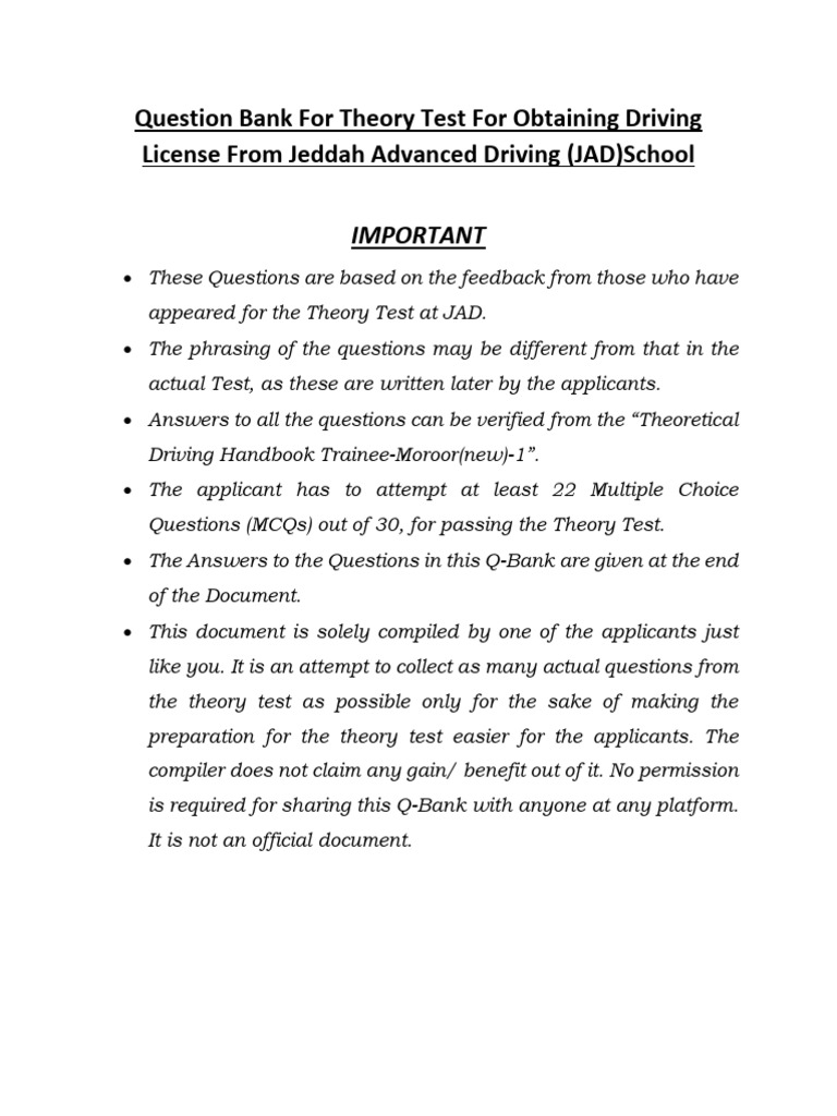 QA Bank JAD Theory Test | PDF | Driver's License | Traffic