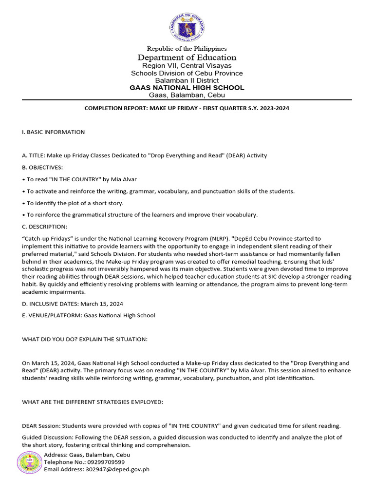 Make-up Friday DEAR Program Report | PDF | Reading Comprehension ...