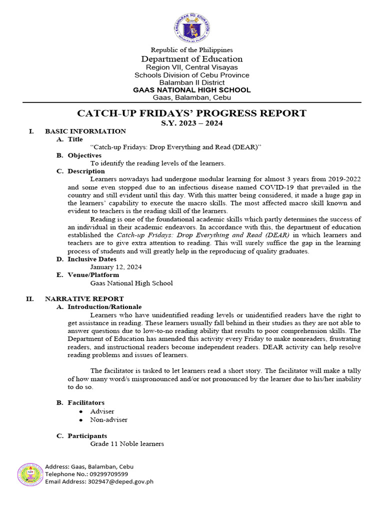 My Catch Up Fridays Progress Report | PDF | Learning | Reading ...