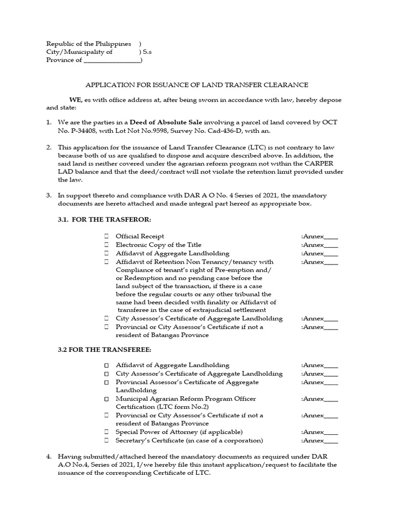 Land Transfer Clearance Application Form | PDF | Private Law | Justice