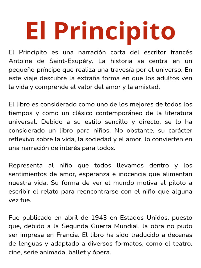 El Principito: Un Clásico de Amor y Amistad | PDF