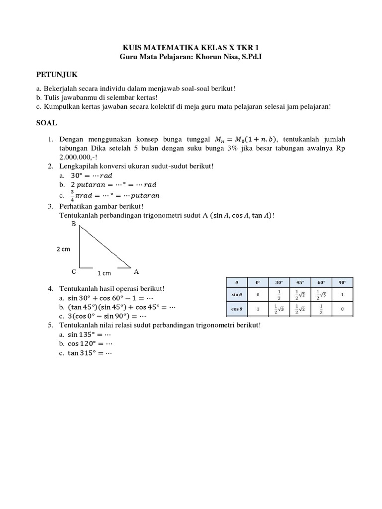 Kuis Matematika Kelas X TKR 1 | PDF | Griya & Taman | Sains & Matematika