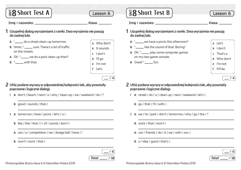 Brainy kl6 Short Tests Unit 8 Lesson 6 | PDF