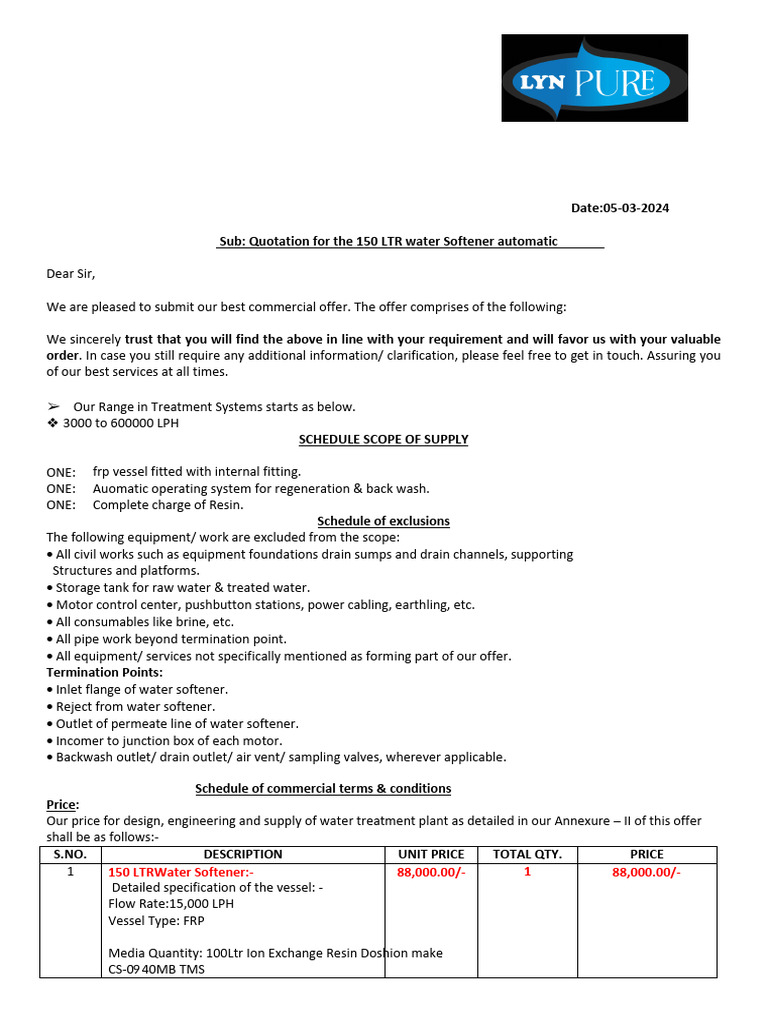Water Softener Quotation Offer | PDF