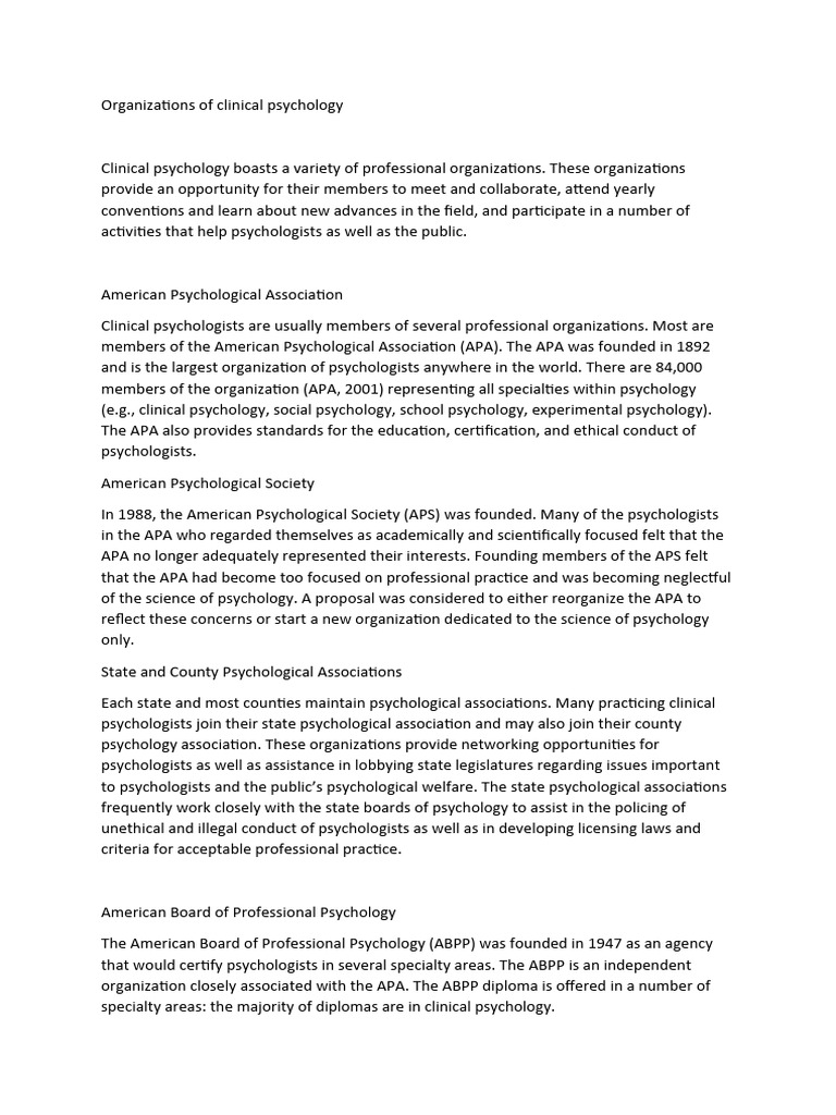 Organizations of Clinical Psychology | PDF | Psychologist | American ...
