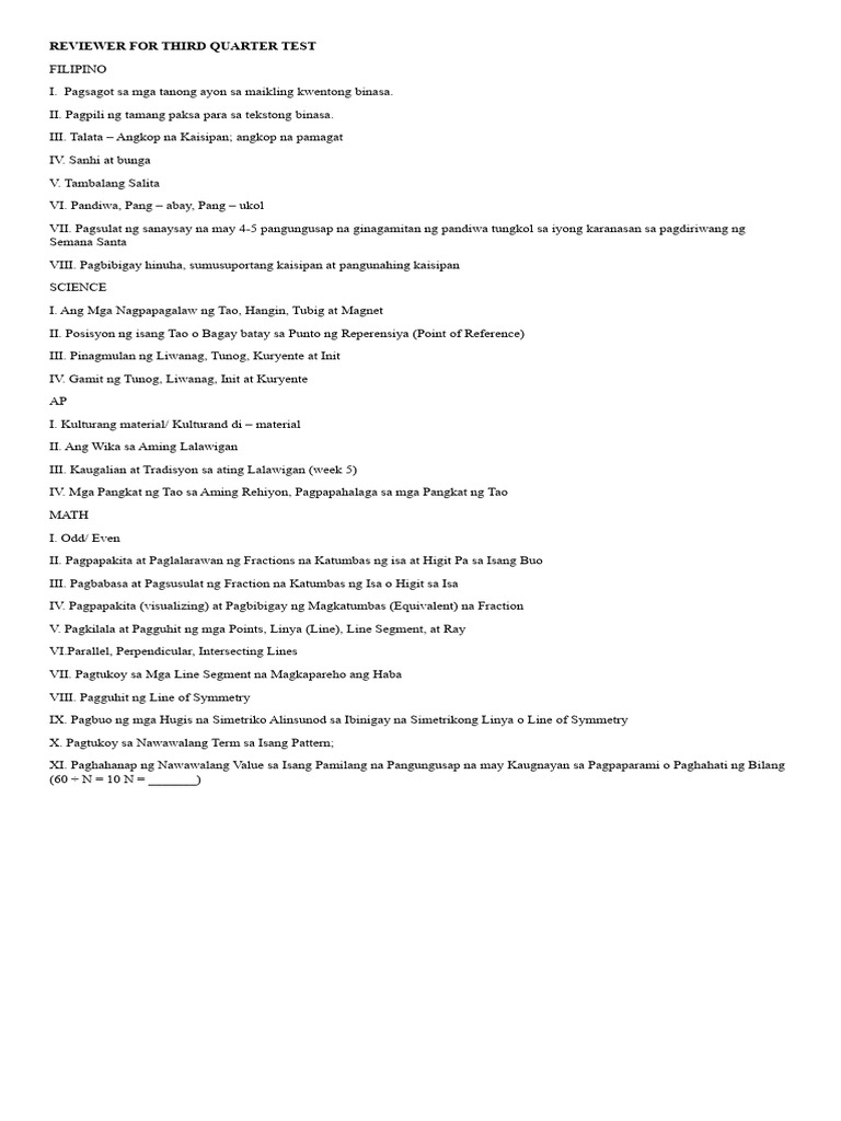 Reviewer For Third Quarter Test | PDF