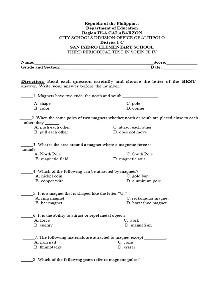 Science IV Periodical Test Guide | PDF | Force | Moon