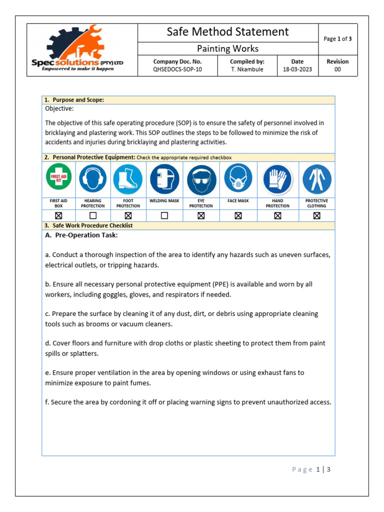 Safe Painting Works Method Statement | PDF | Personal Protective ...