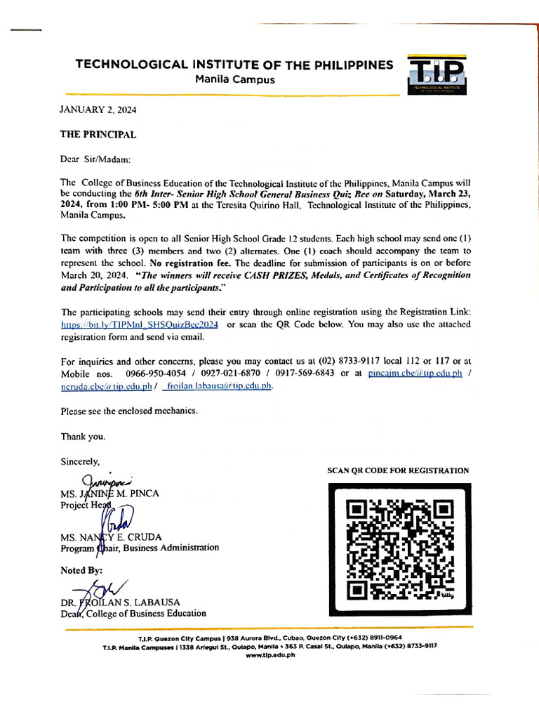 Invitation Letter - 6th Inter-Senior High School General Business Quiz ...