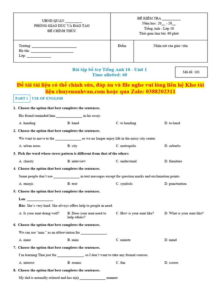 Bài tập bổ trợ Tiếng Anh 10 ILSW có file nghe và đáp án- Unit 1 | PDF