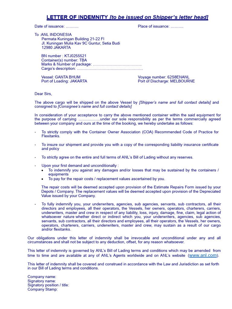LOI For Flexitanks 05092017 | PDF | Indemnity | Bill Of Lading
