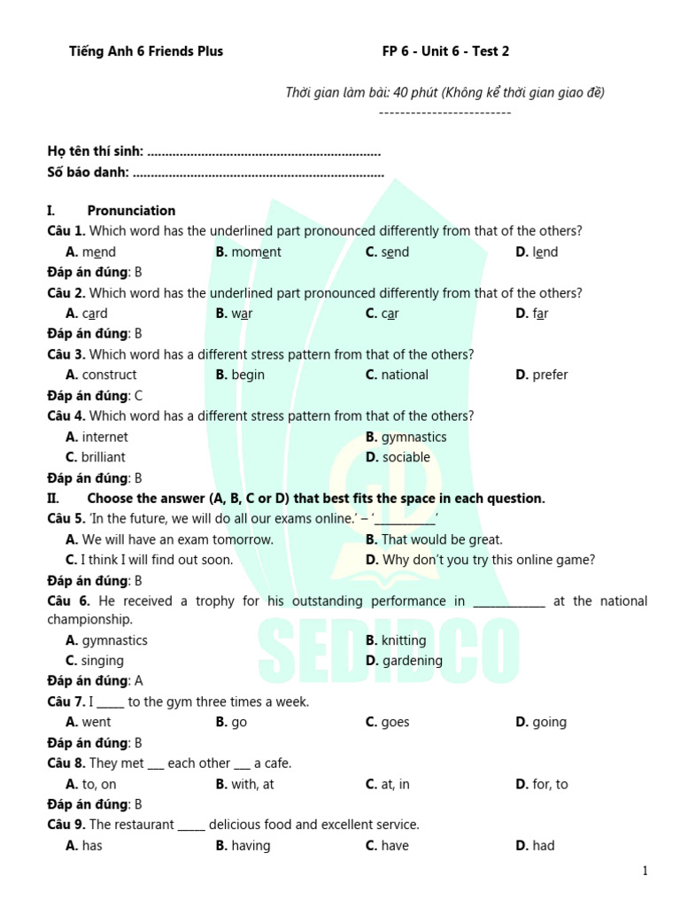 Ôn Tập Giữa Học Kì II - Unit 6 Test 2 (Key) | PDF | Homeschooling