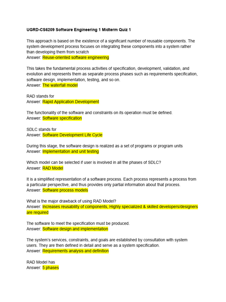 UGRD-CS6209 Software Engineering 1 Midterm Quiz 1 | PDF | Software Development Process ...
