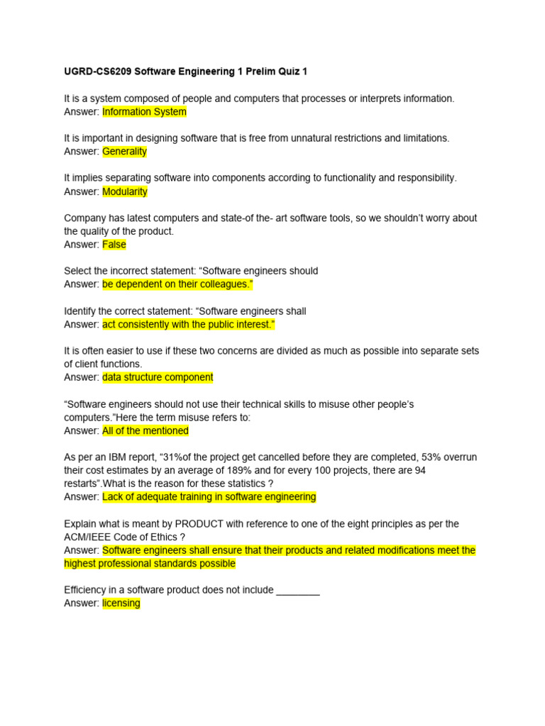 UGRD-CS6209 Software Engineering 1 Prelim Quiz 1 | PDF | Software | Software Engineering