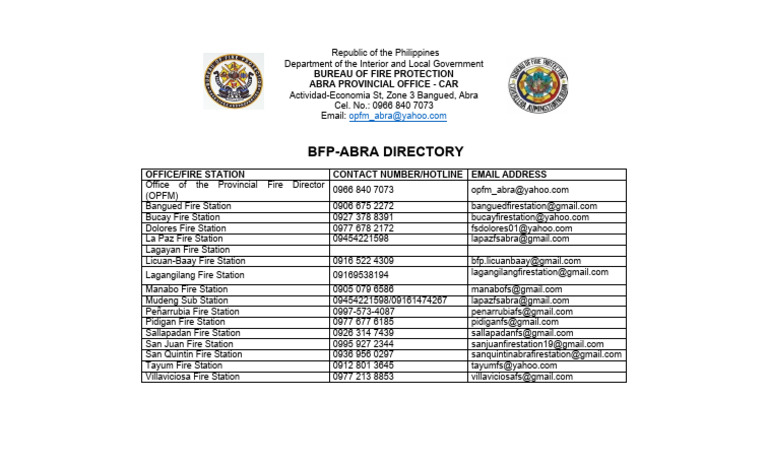 BFP Abra Fire Station Contact Directory | PDF
