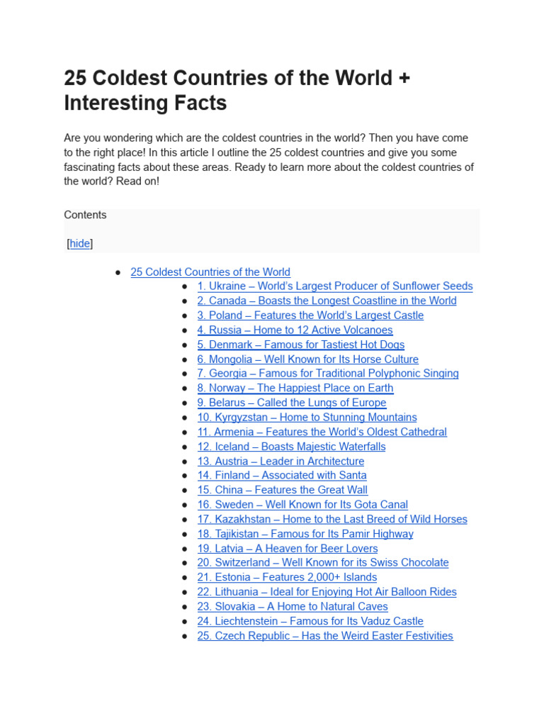 25 Coldest Countries of the World + Interesting Facts | PDF | Temperate ...