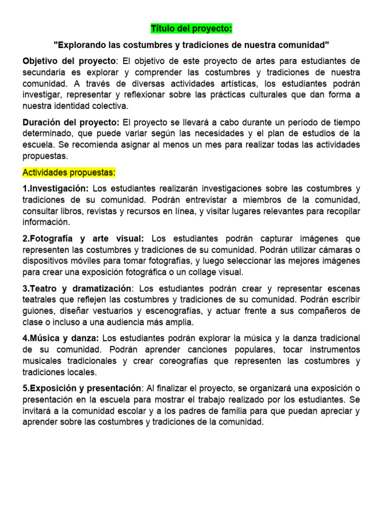 Proyecto Sobre Culturas y Tradiciones de Su Comunidad | PDF ...