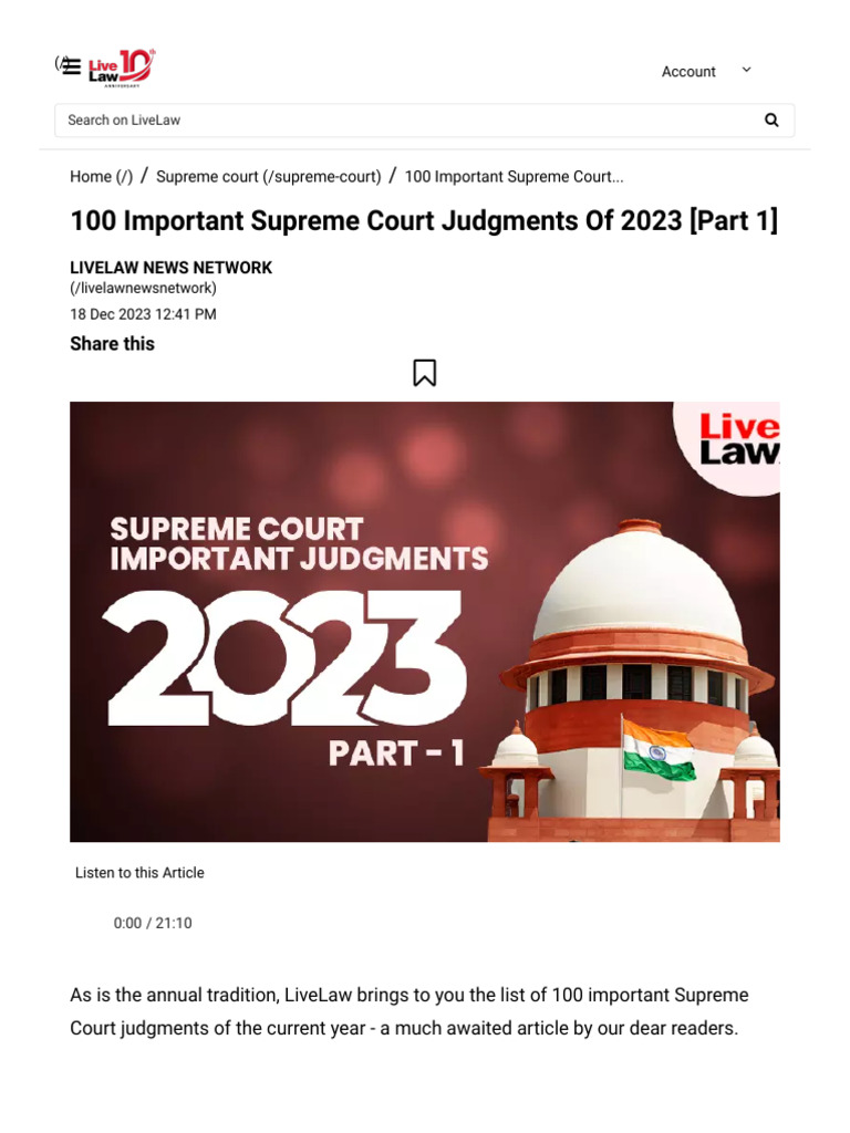 100 Important Supreme Court Judgments of 2023 (Part 1) | Download Free PDF | Supreme Court Of ...