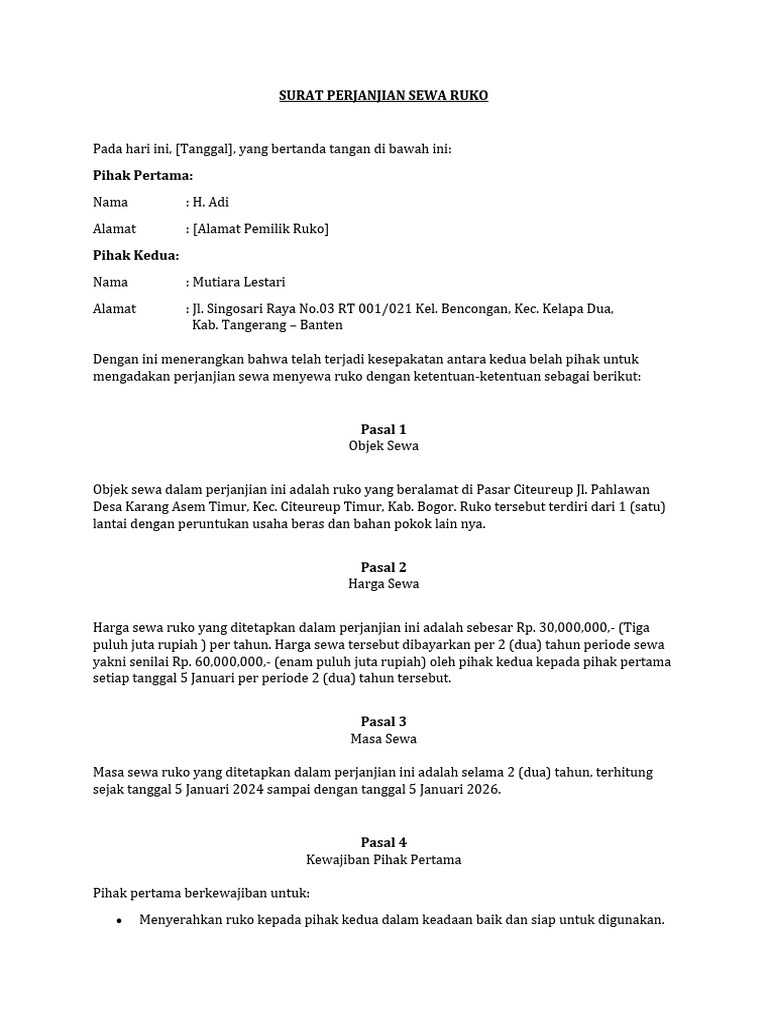 Surat Perjanjian Sewa Ruko | PDF