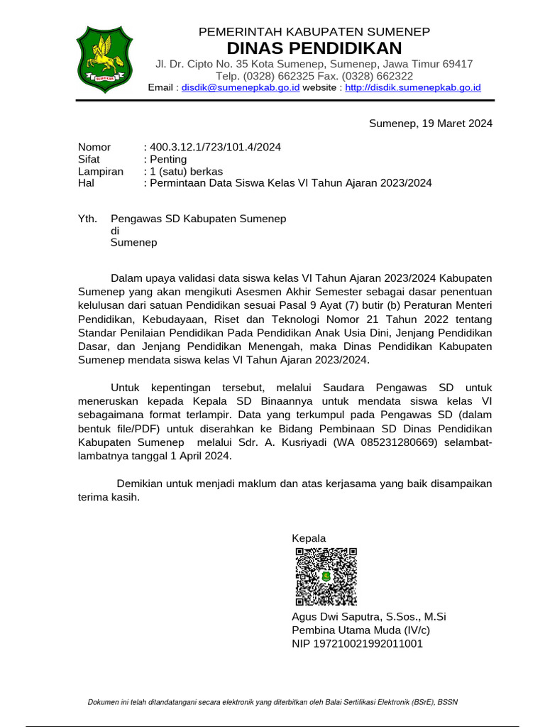 Surat Permintaan Data Siswa Kelas VI | PDF