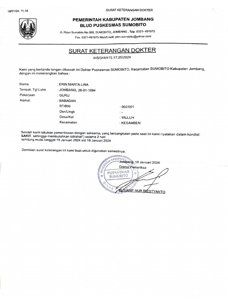 Surat Keterangan OPNAME ERIN | PDF