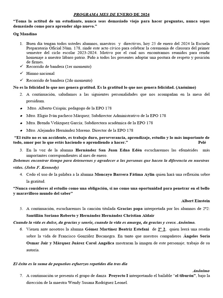 Programa de Homenaje - Enero 2024 | PDF