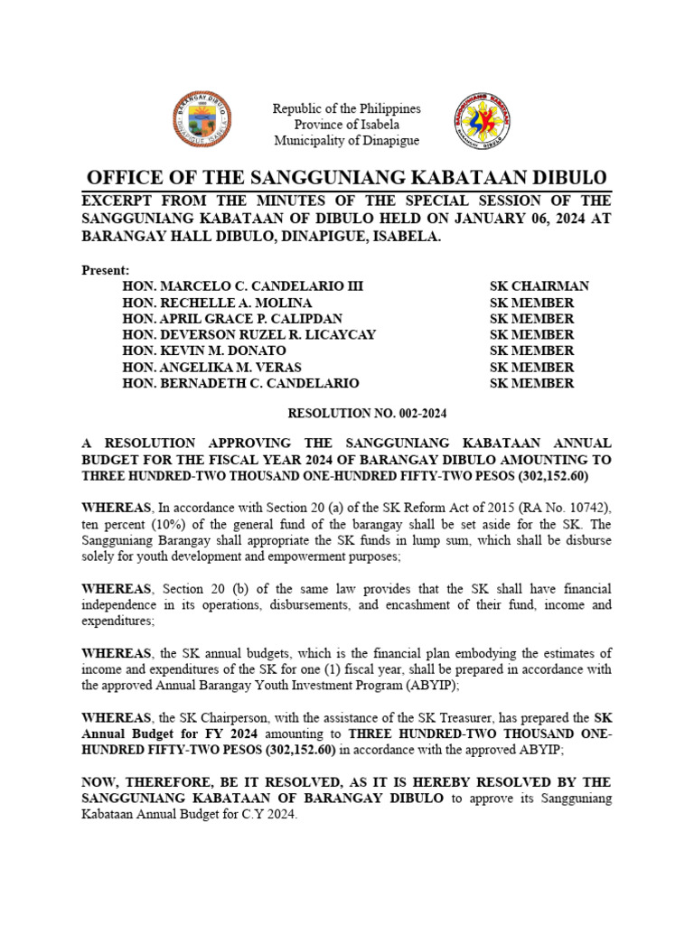 2024 SK ABYIP Dibulo Resolution Budget FINAL | PDF | Expense