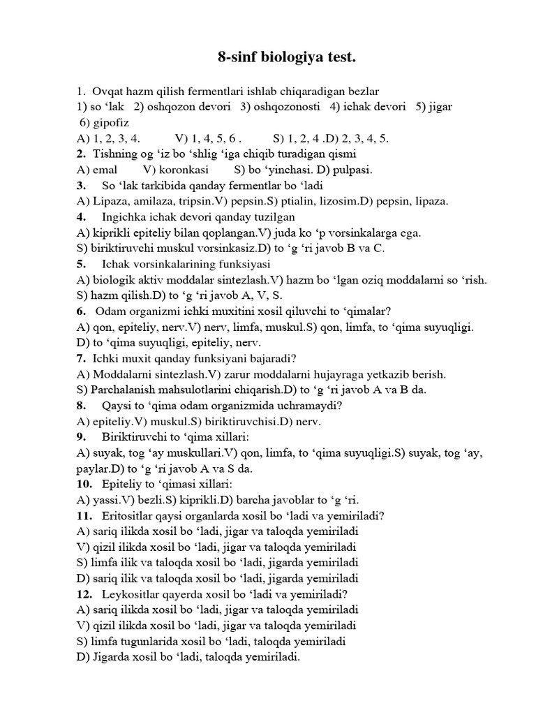 Biologiya Test | PDF