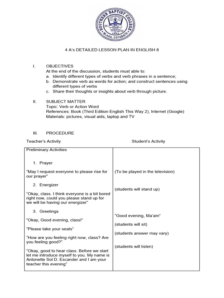 4 A's Lesson Plan Verb | PDF | Subject (Grammar) | Verb