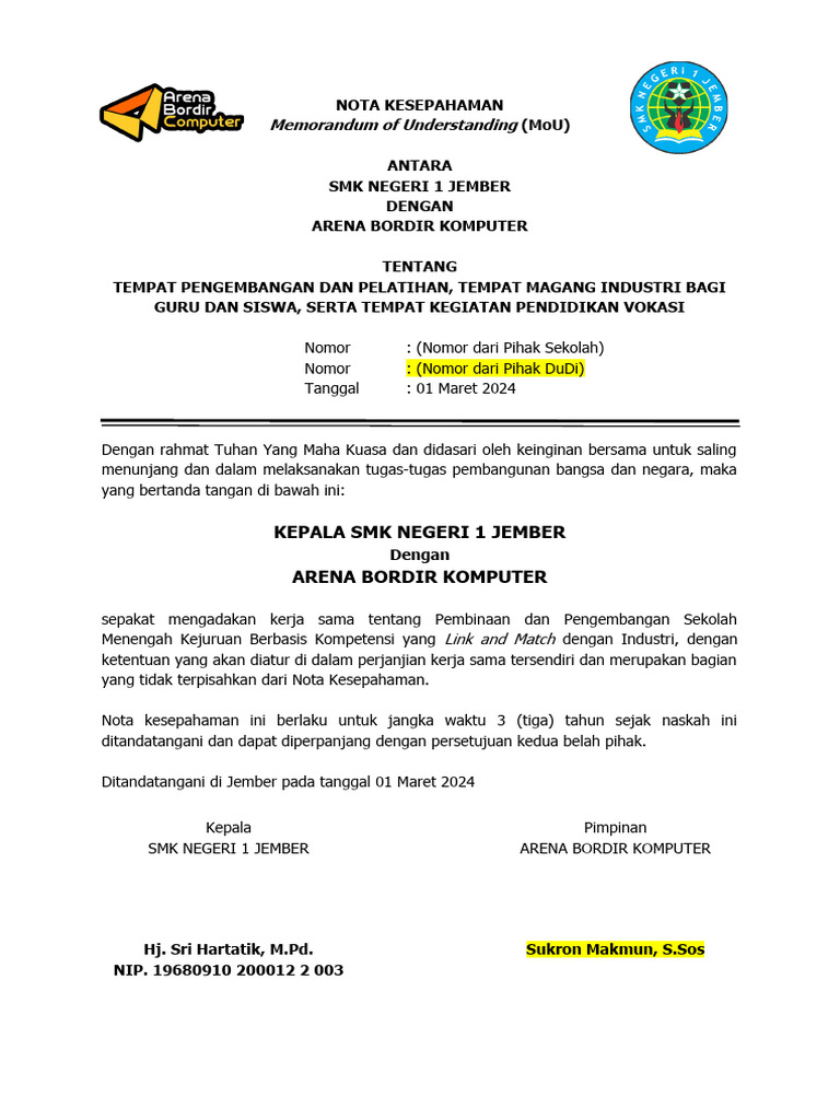 7 Draft MoU PKL 2024 - DKV - ARENA | PDF