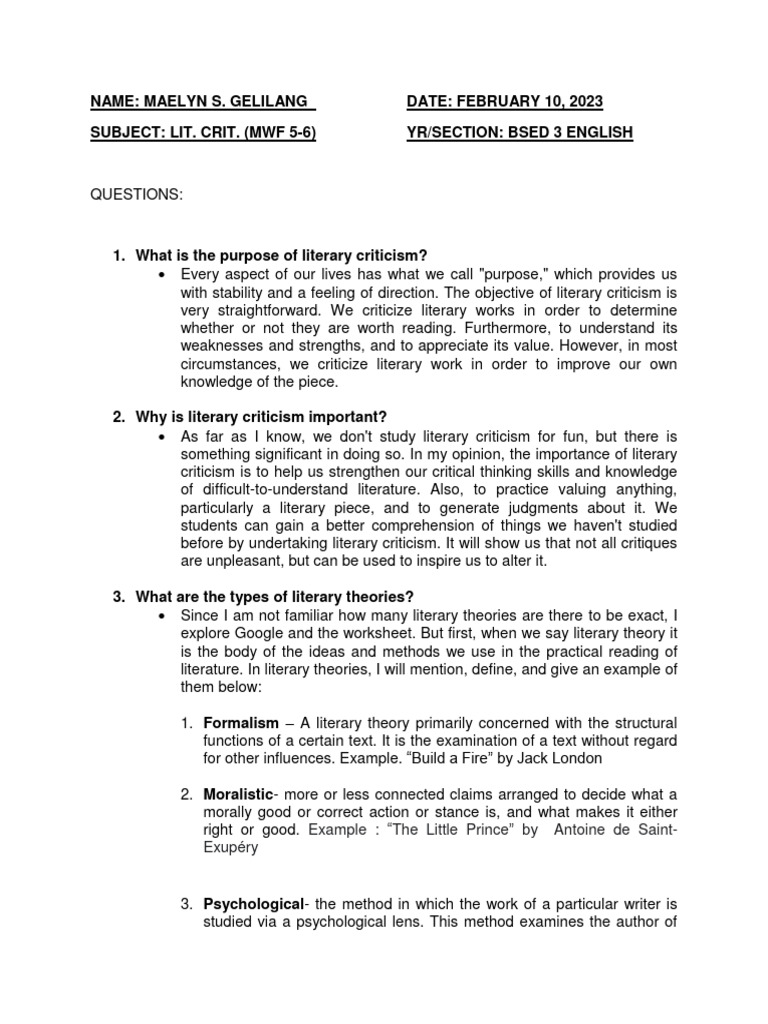 Literary Criticism Activity | PDF | Literary Criticism | Theory