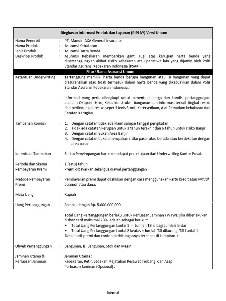 RIP Dan Layanan (RIPLAY) Versi Umum - Asuransi Kebakaraan | PDF