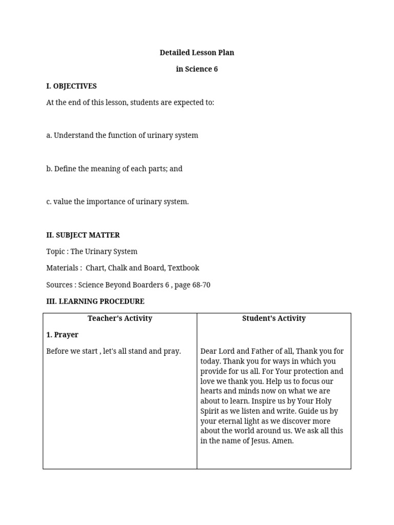 Detailed LessonPlan-SCIENCE 6 | PDF | Urinary System | Urine