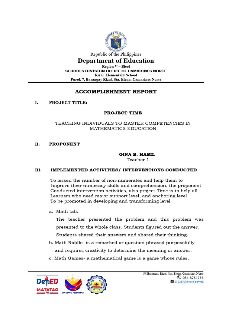 ACCOMPLISHMENT REPORT project TIME | PDF | Learning | Cognition