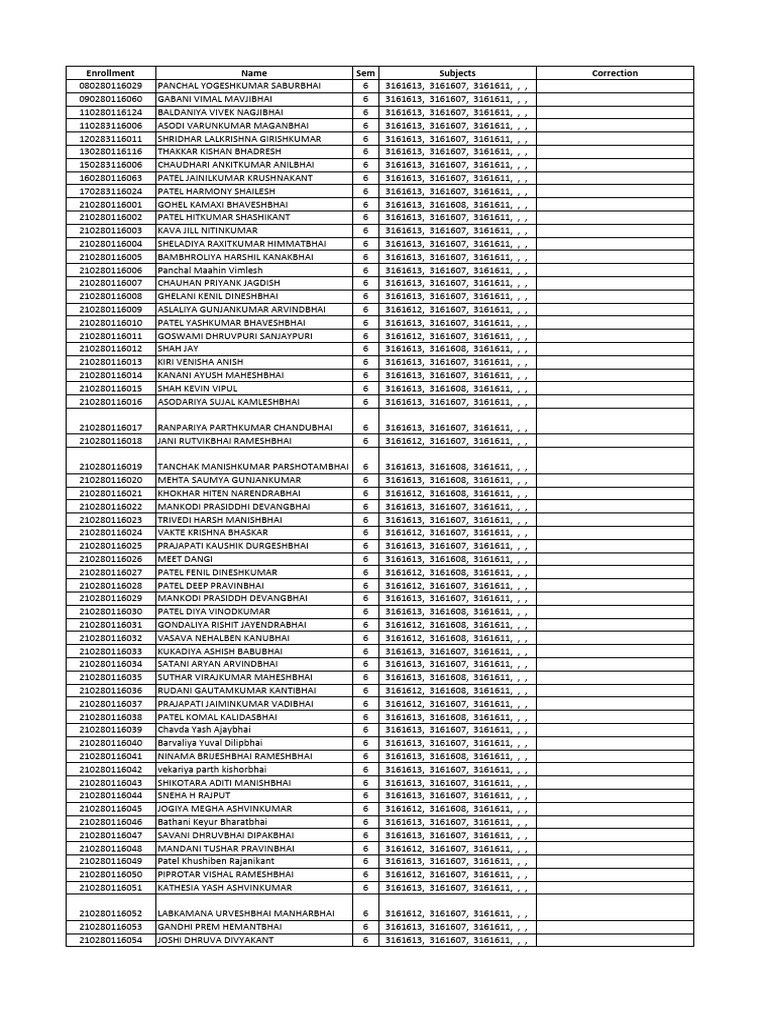 Student Enrollment List for Semester 6 | PDF