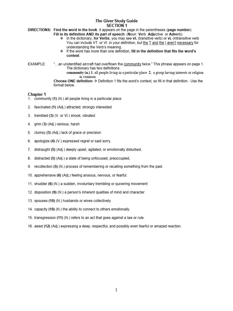 Giver Study Guide Section 1 | PDF | Verb | Adjective