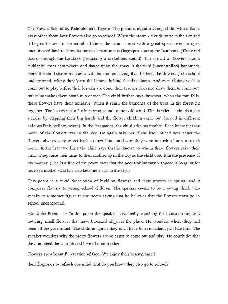 Summary of "The Flower School" Poem | PDF