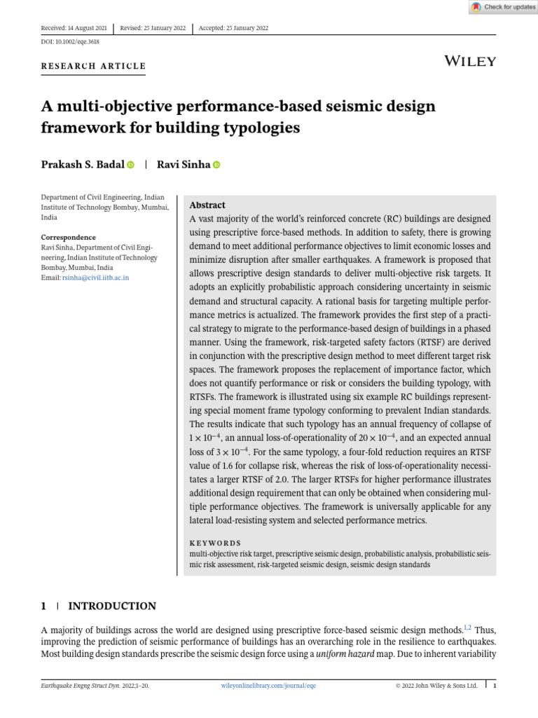 Badal and Sinha (2022) - A multi‐objective performance‐based seismic design framework for ...