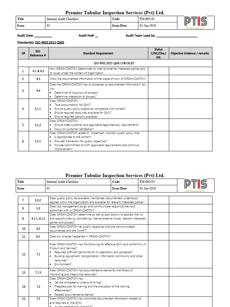 ISO 9001:2015 Internal Audit Checklist | PDF | Quality Management ...