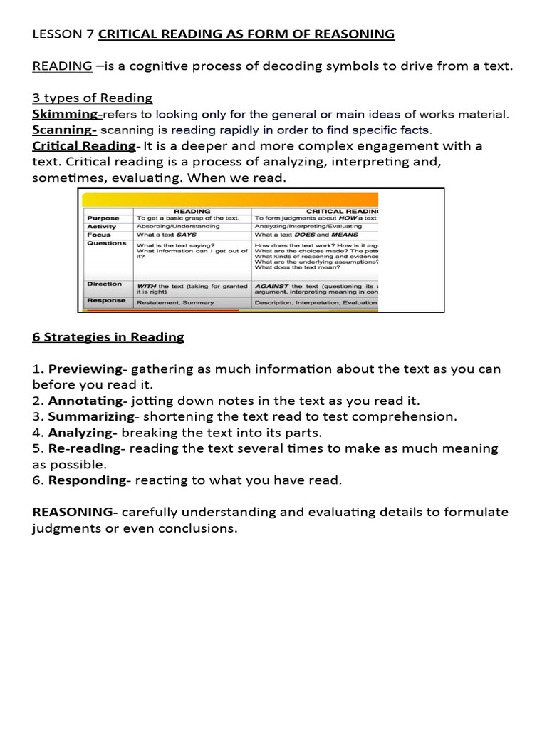 Lesson 7 Critical Reading As Form of Reasoning | PDF
