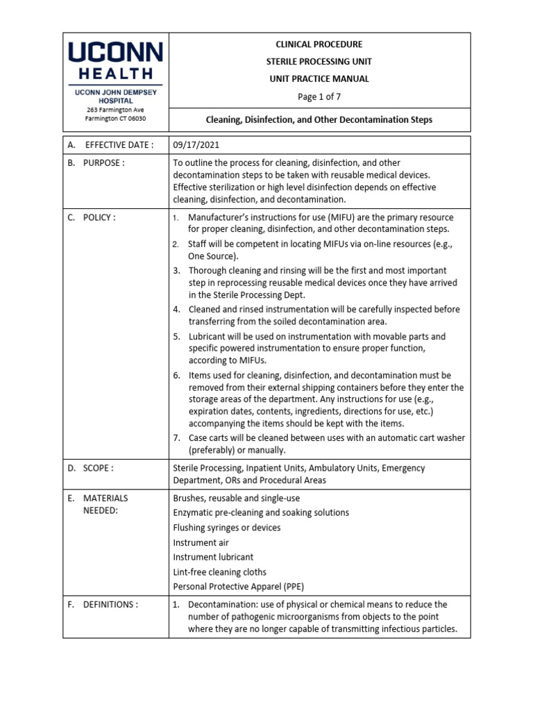 Cleaning. Disinfection and Other Decontamination Steps | PDF ...