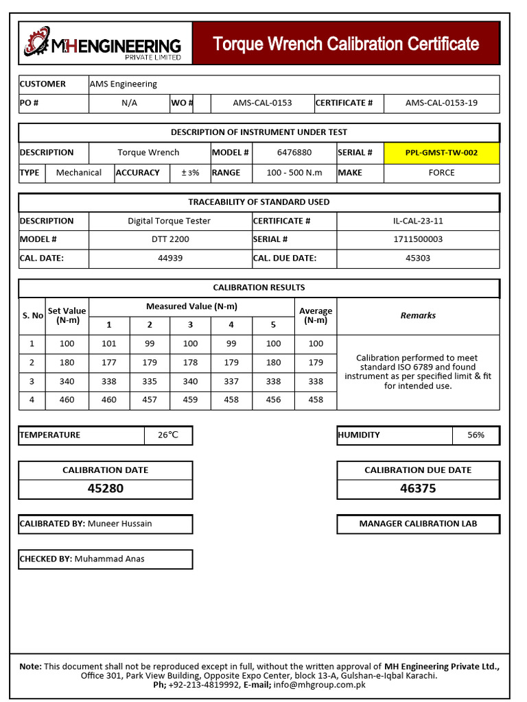 Torque Wrench Calibration Certificate | PDF | Calibration | Probability ...