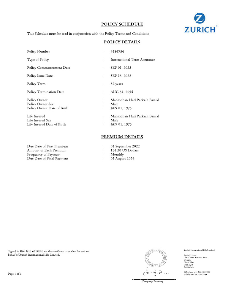 Zurich Policy Schedule | PDF